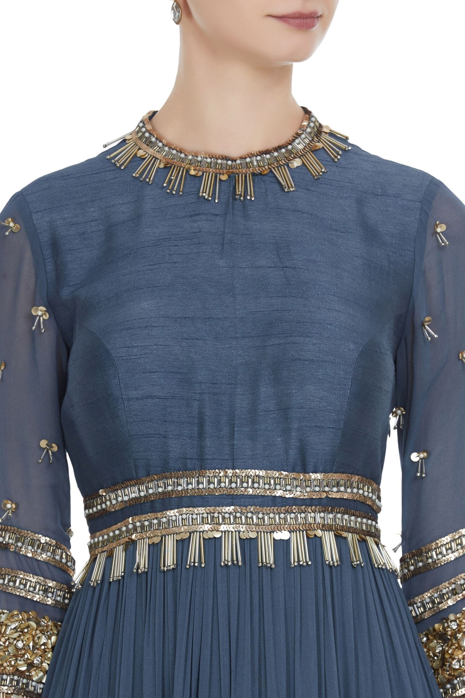 Buy Nidhika Shekhar Blue Tiered Style Pearl And Sequin Anarkali Online ...