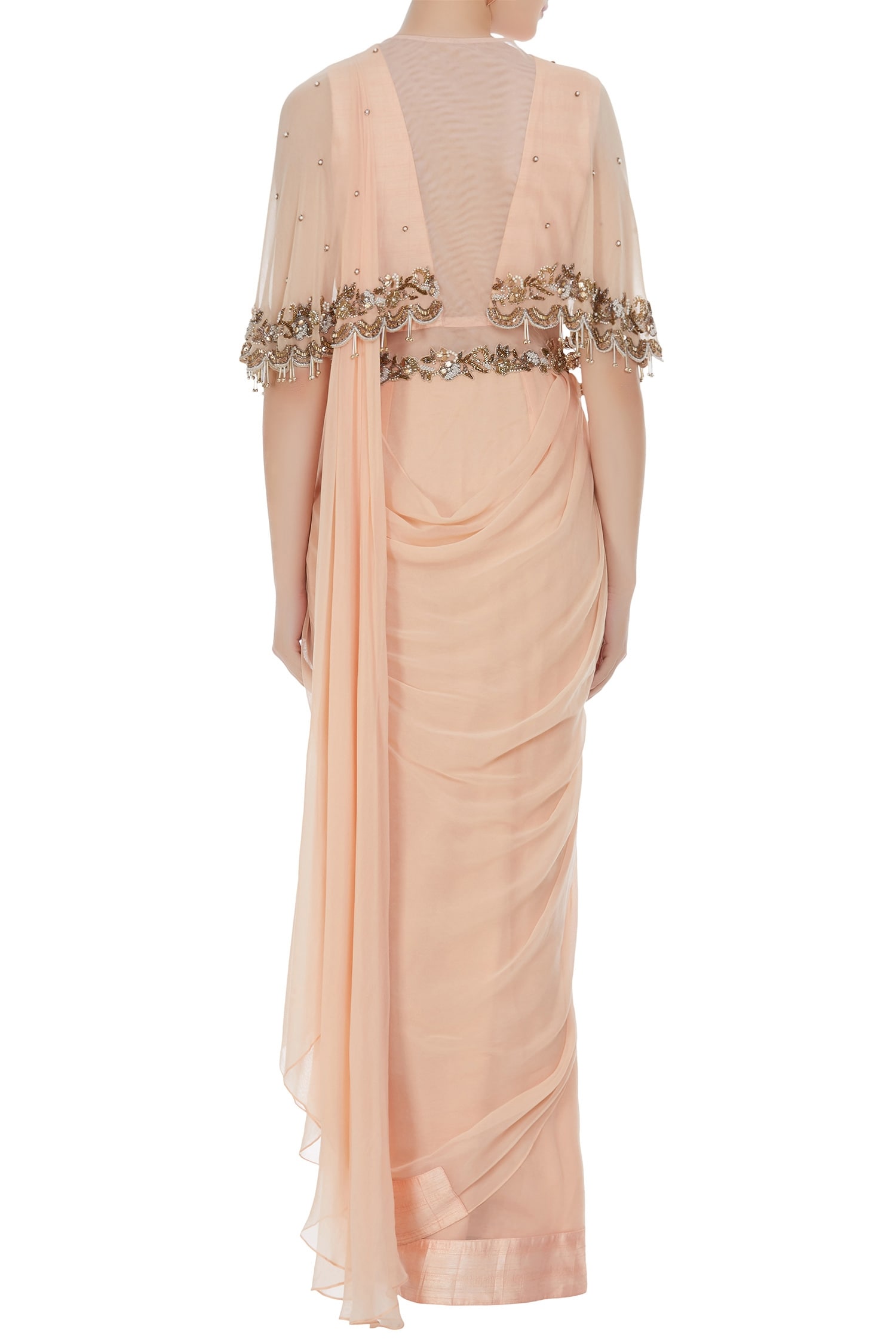 Buy Nidhika Shekhar Peach Pre-draped Saree With Cape Layer Online | Aza ...