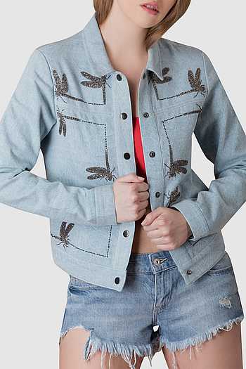 Buy Shahin Mannan Blue Dragonfly Embroidered Denim Jacket Online | Aza ...