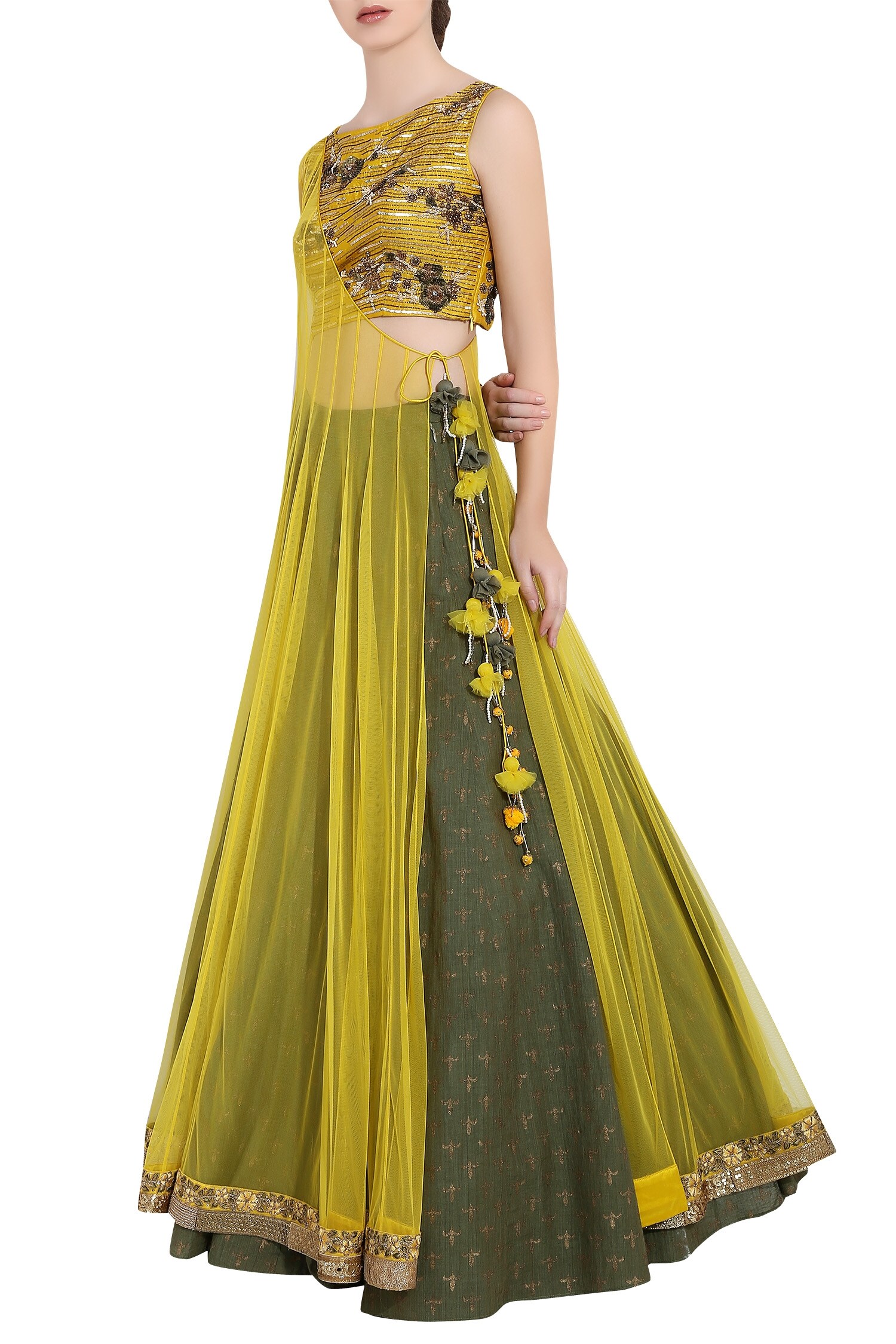 Buy Vedangi Agarwal Yellow One Shoulder Jacket Lehenga Set Online | Aza ...