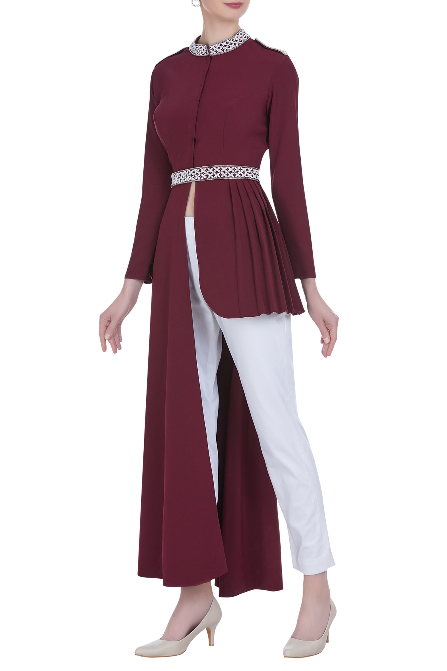 Buy DiyaRajvvir Red Half Jacket Half Peplum Style Tunic With Pants ...