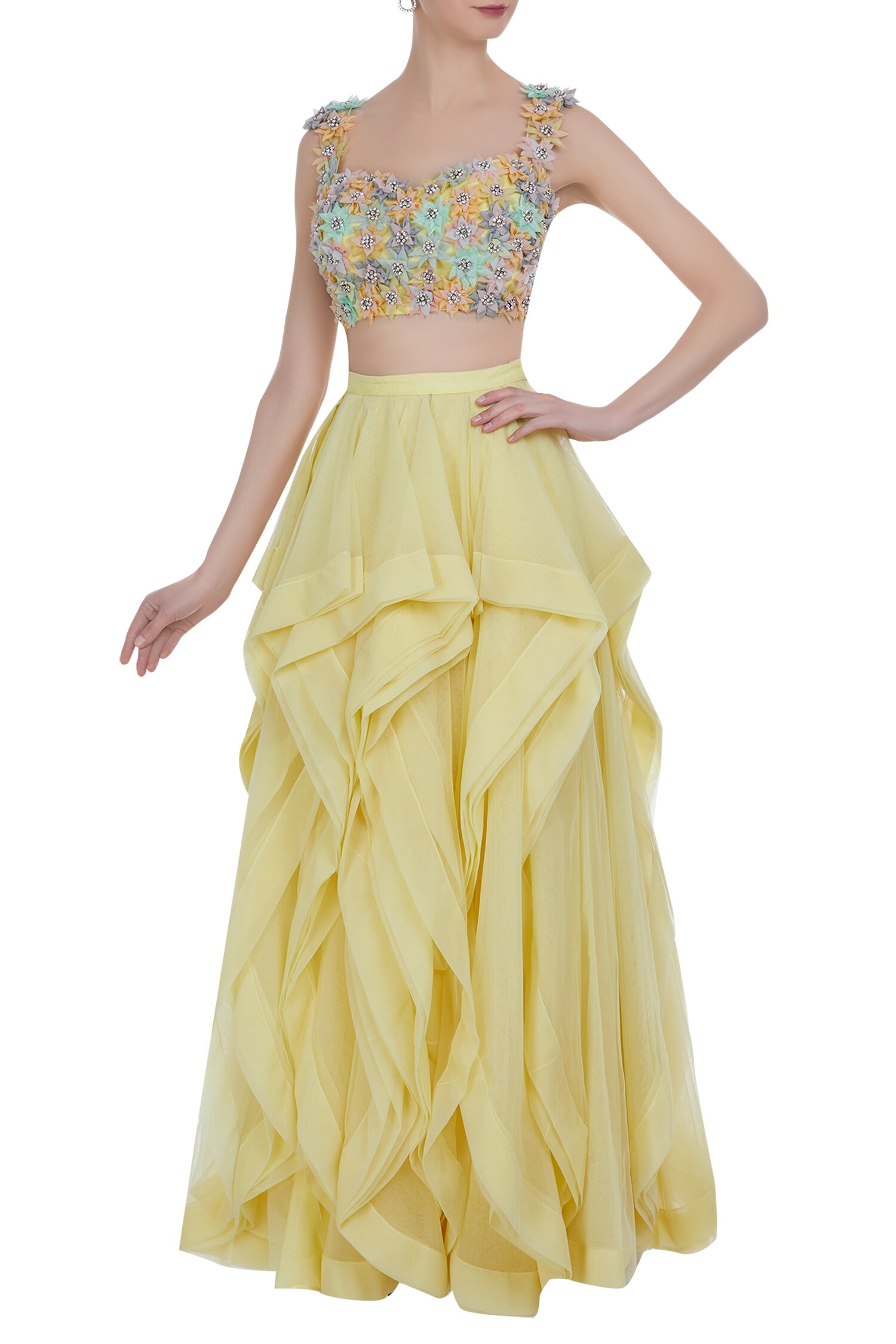 Buy Diyarajvvir Yellow Frilly Layered Lehenga With Flower Motif Blouse