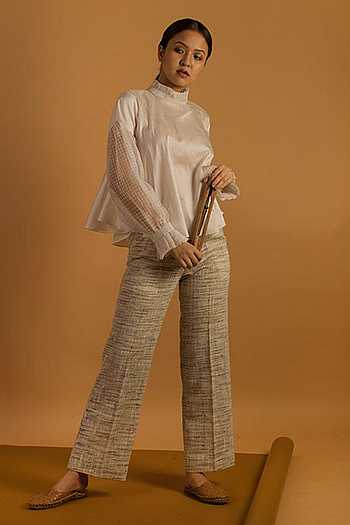 Buy Ura Maku White Mulberry Silk Sheer Puff Sleeve Top Online | Aza ...