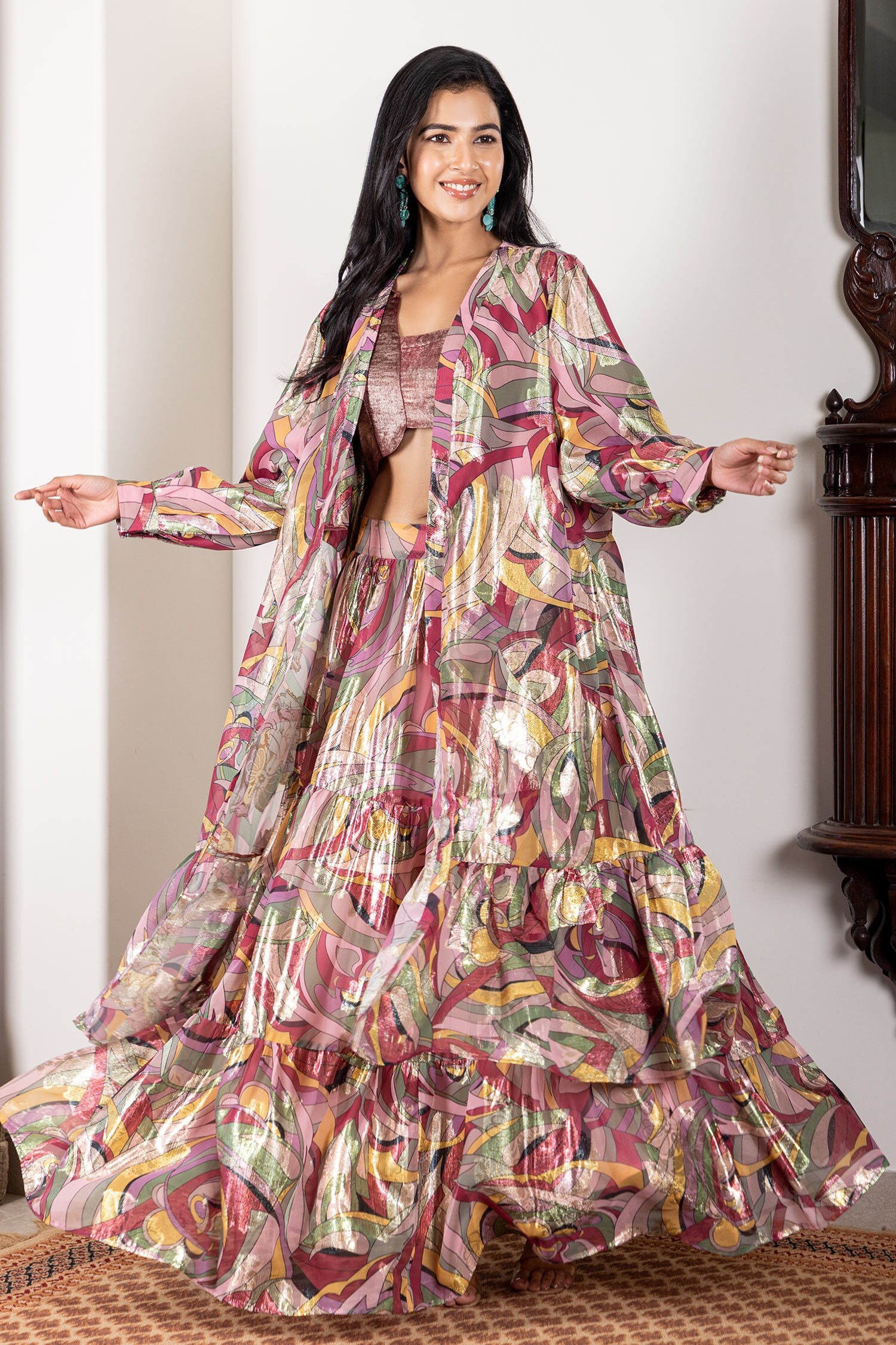 Buy Multi Color Shrug And Skirt Imported Brocade Georgette Pattern ...