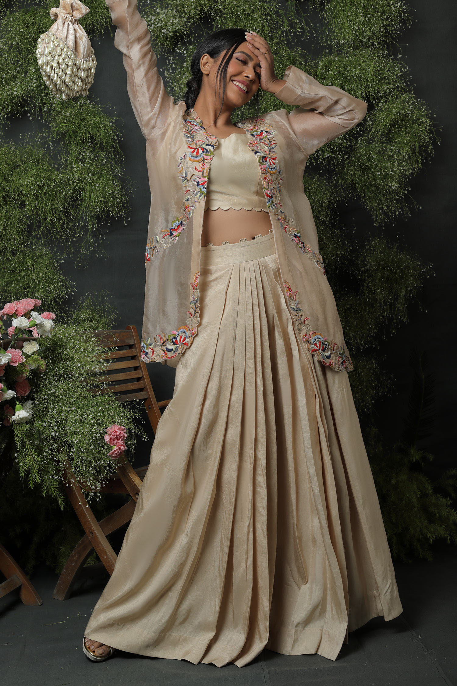 Buy Usha Bagri Beige Silk Pleated Palazzo Set With Jacket Online | Aza ...