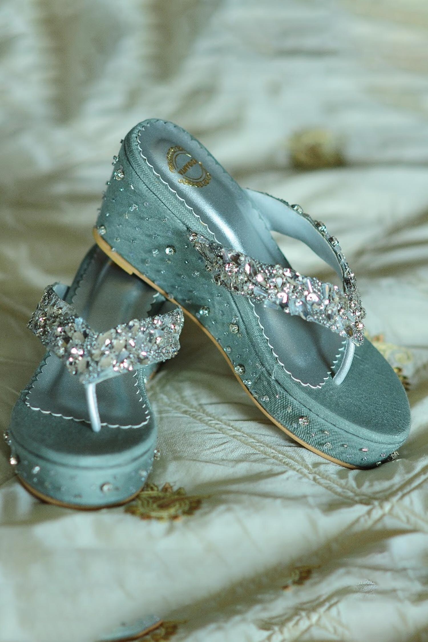 Buy Grey Embroidery Diamond Wedges by Modanta Footwear Online at Aza ...