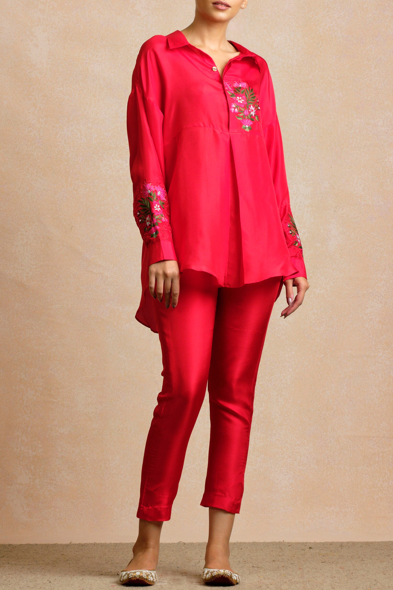 Buy Red Silk Shirt Collar Embroidered For Women by Sue Mue Online at ...