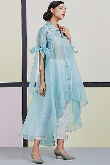 Buy Blue Organza Stand Collar Floral Embroidered Tunic For Women by Sue ...