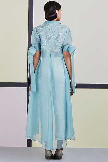 Buy Sue Mue Blue Floral Embroidered Organza Tunic Online | Aza Fashions