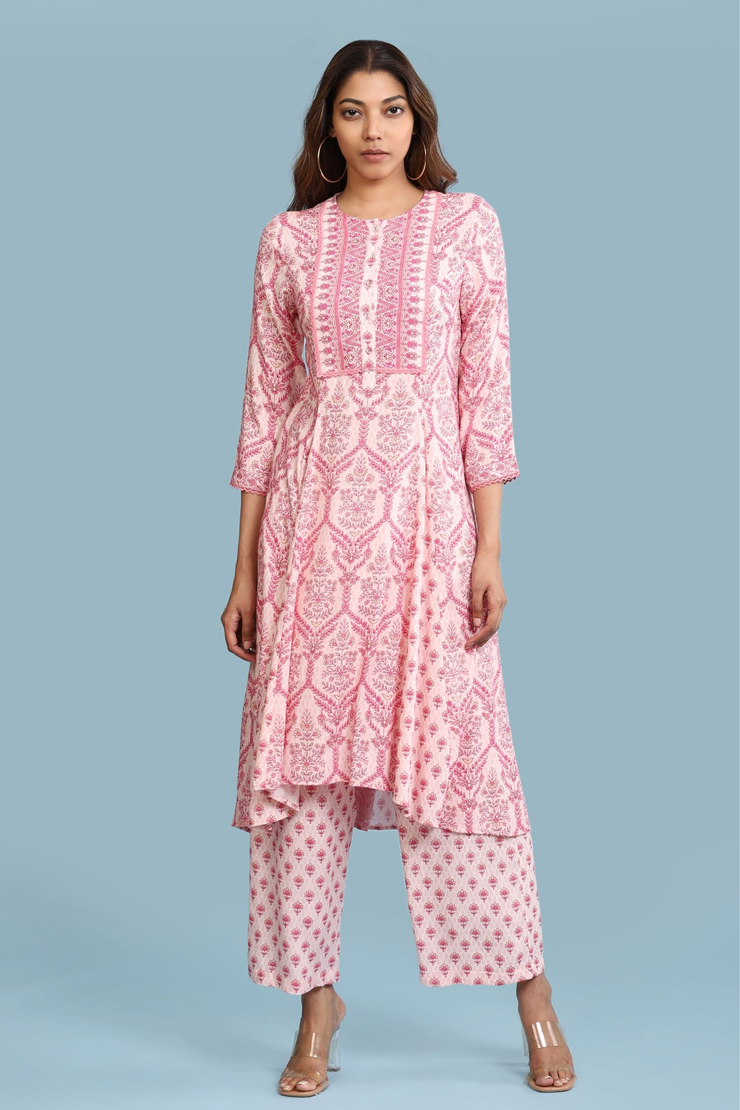 Buy Aarke Ritu Kumar Pink Rayon Slub Floral Print Kurta And Pant Set