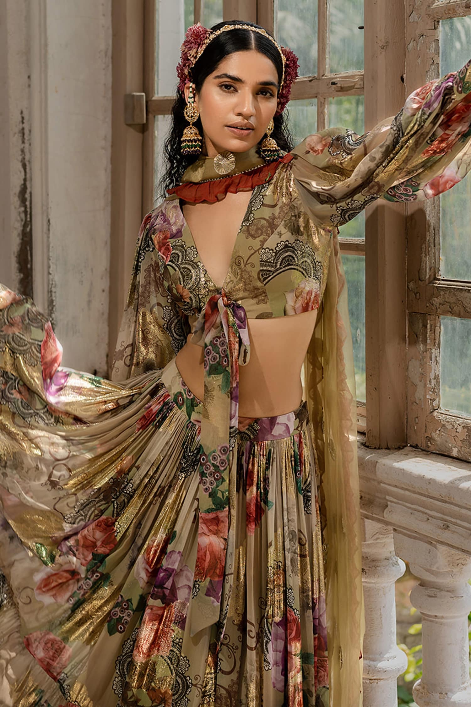 Buy Amrin khan Green Georgette Floral Print Layered Lehenga Set Online ...