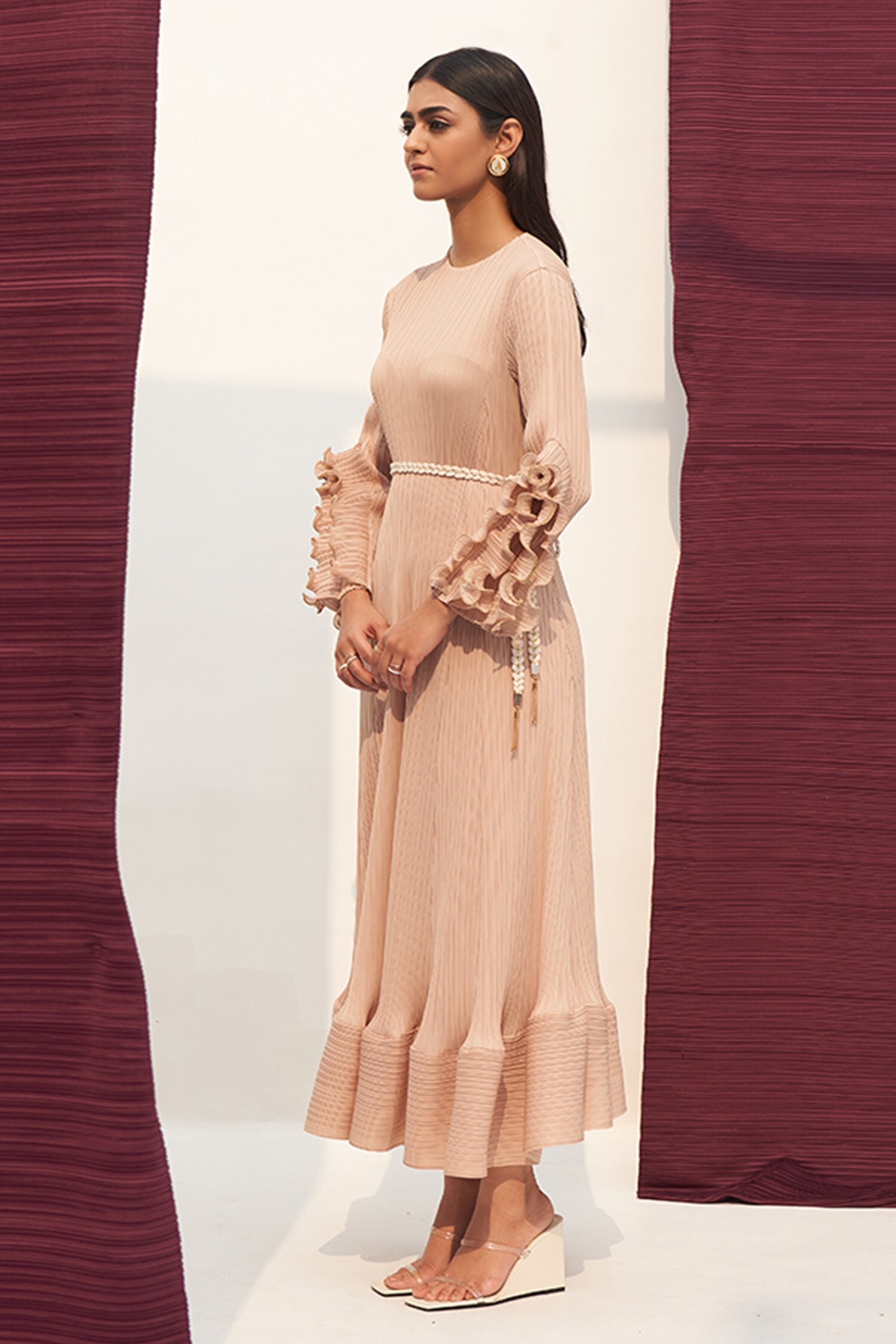 Buy Pleats By Aruni Beige Polyester Frill Sleeve Pleated Dress Online ...