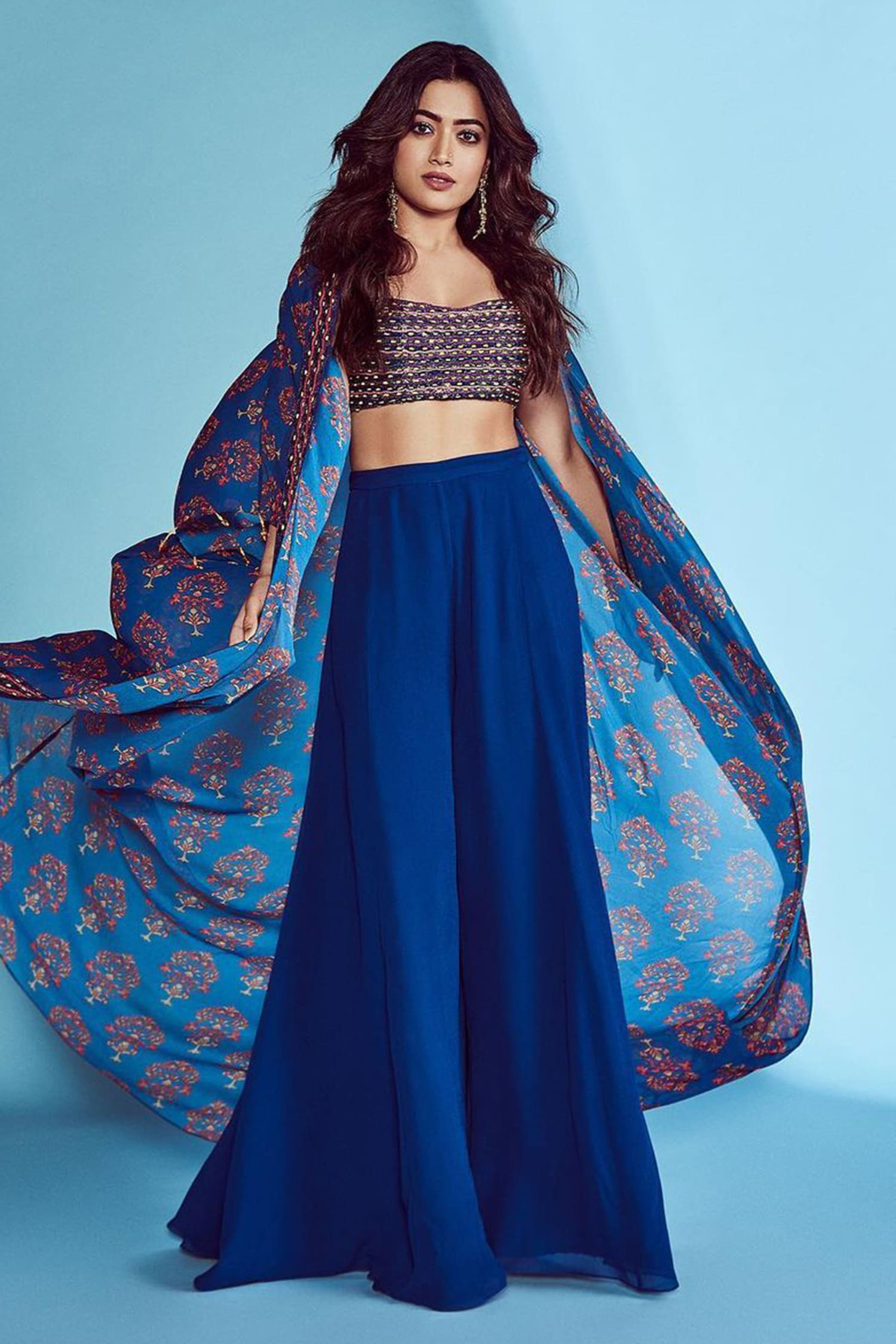 Buy Blue Top: Georgette Printed Floral Cape: Open And Pant Set For ...