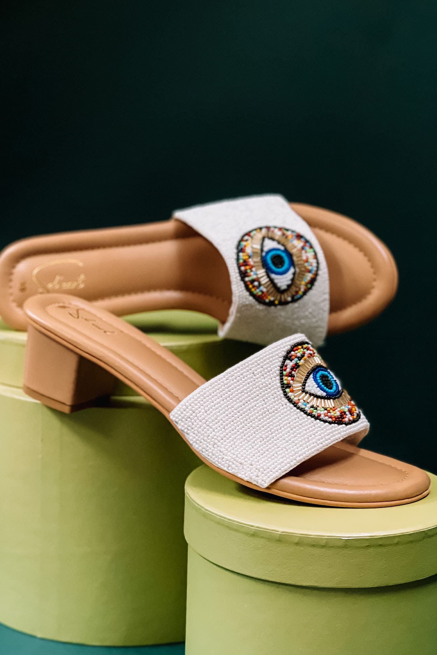 Buy White Embroidered Evil Eye Block Heels by Soleart Online at Aza ...