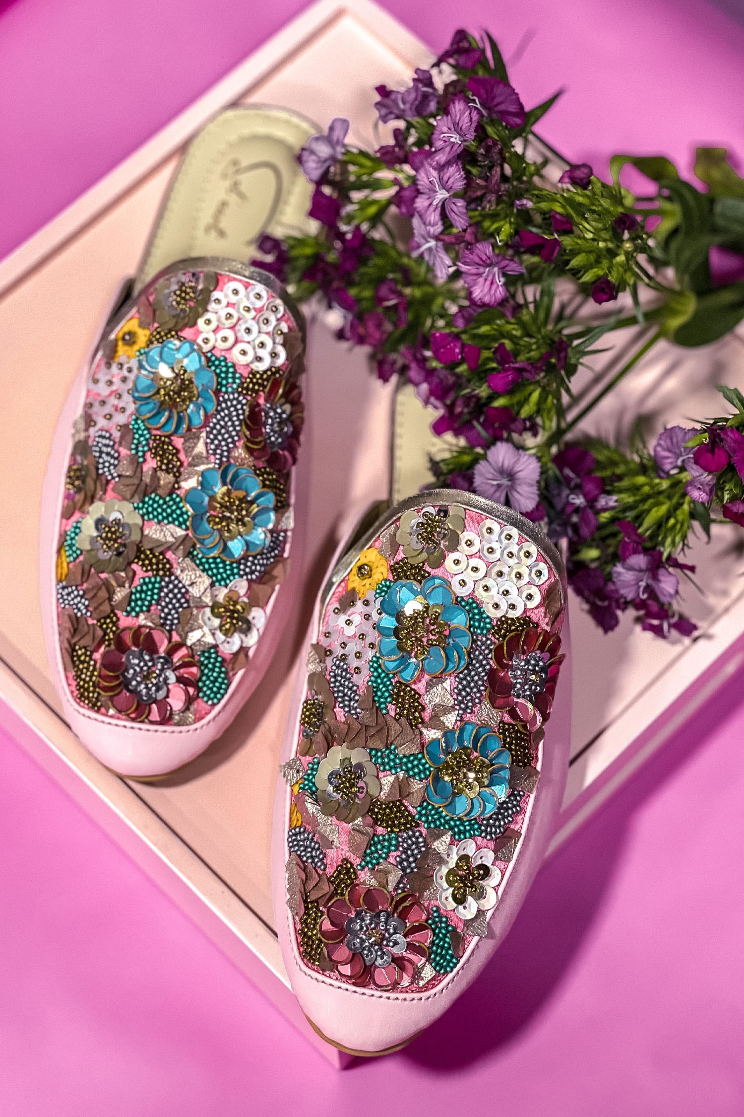 Buy Pink Embroidered Floral Mules by Soleart Online at Aza Fashions.