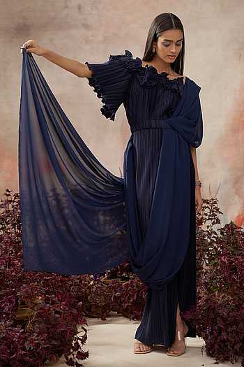 Buy Blue Pleated Plain Straight Off-shoulder Saree Gown For Women by ...