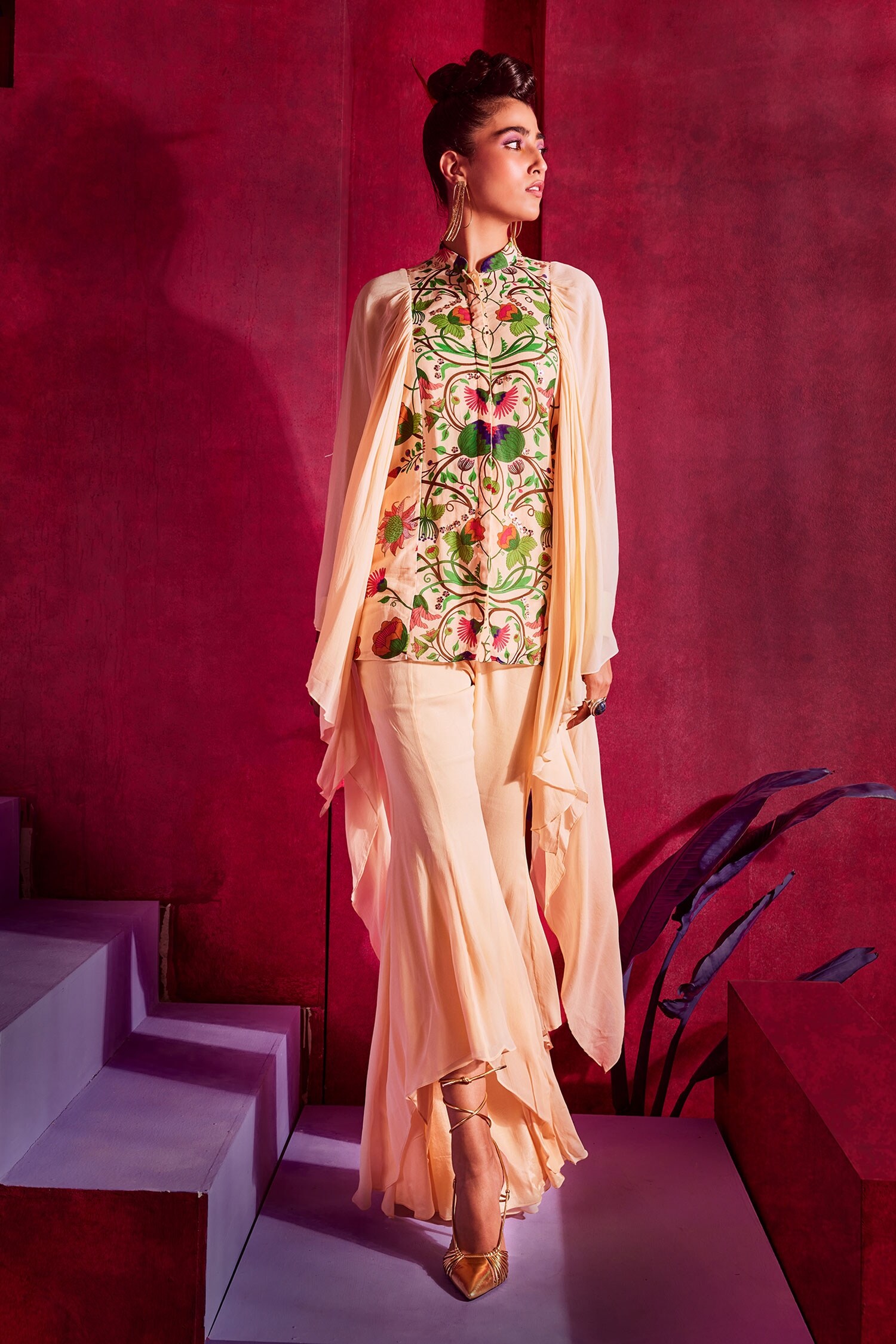 Buy Limerick by Abirr N' Nanki Peach Crepe Layla Floral Print Tunic And ...