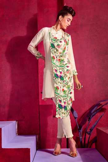 Buy Pink Crepe Floral Band Femella Draped Tunic And Pant Set For Women ...