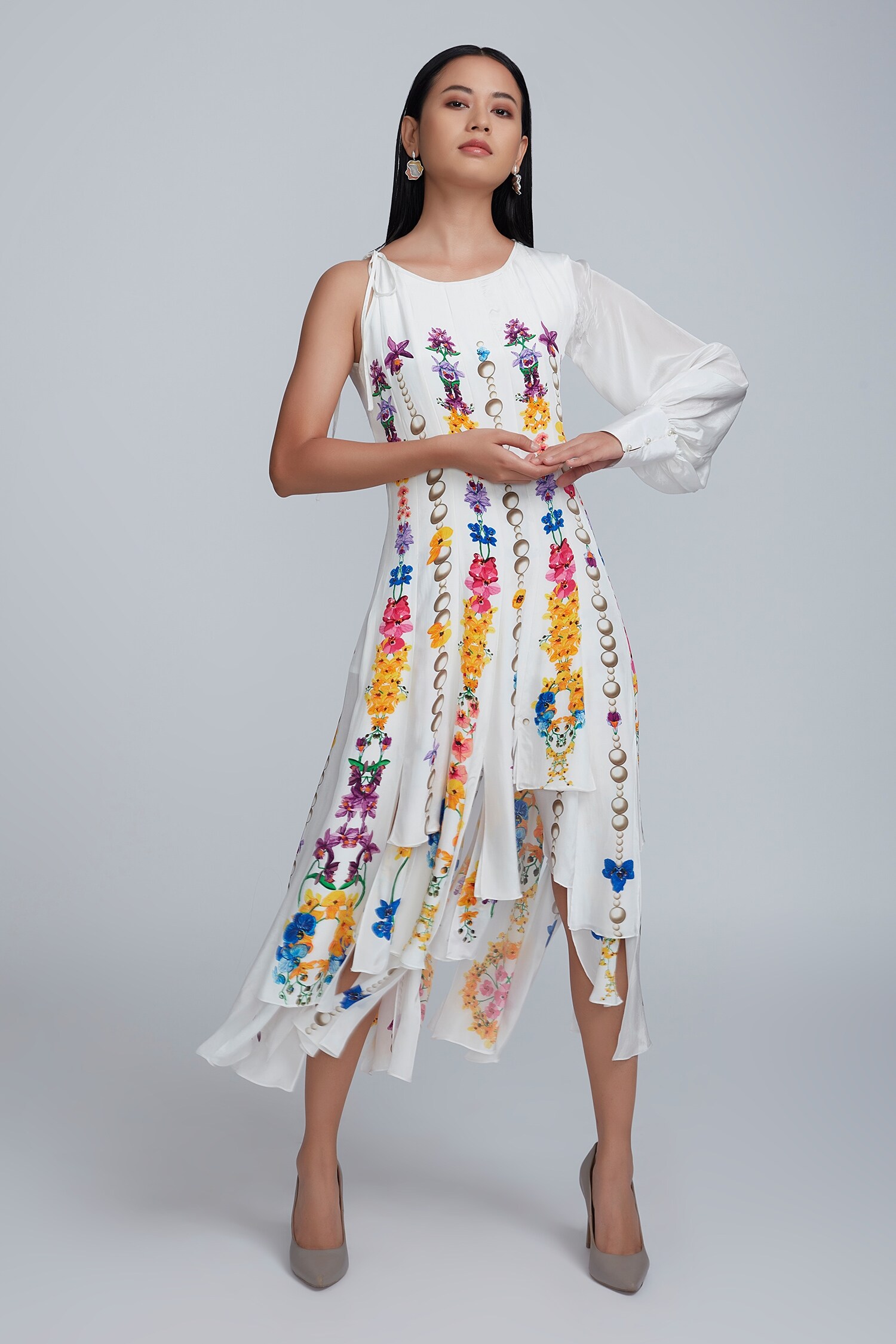 Buy World of Ra White Viscose Floral Print Panelled Dress Online | Aza ...