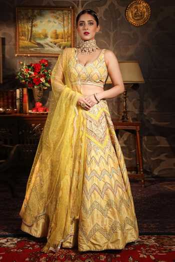 Buy Yellow Lehenga And Blouse - Dupion Print & Embroidery Chevron Set ...