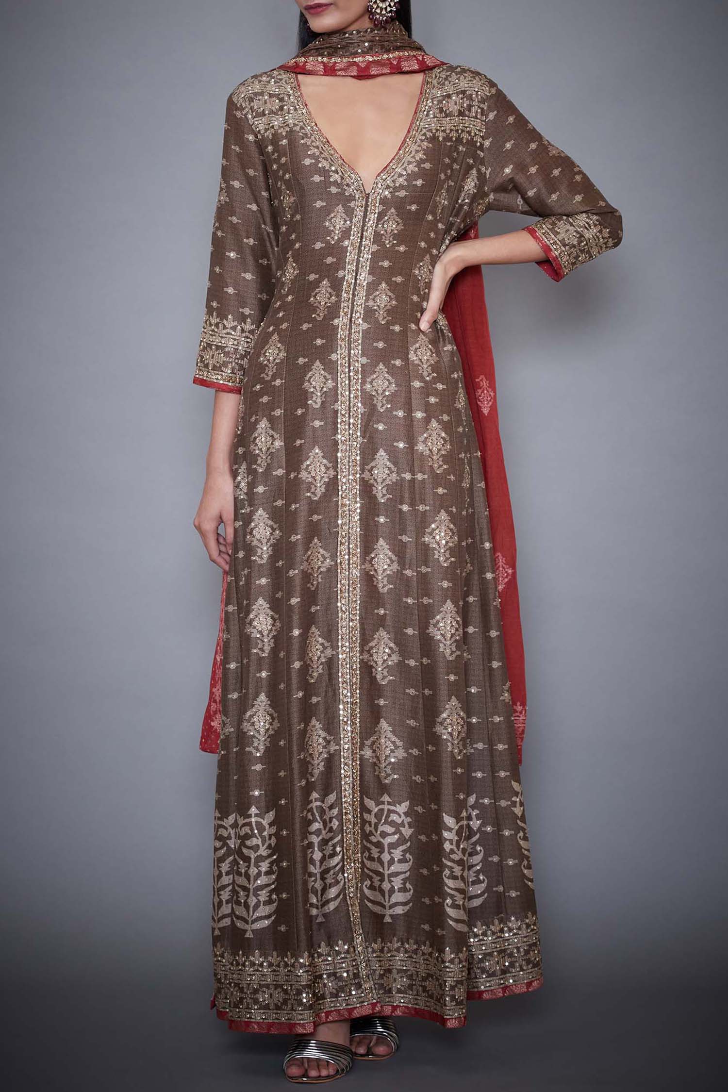 Buy RI.Ritu Kumar Brown Silk Chanderi Anarkali Set Online | Aza Fashions