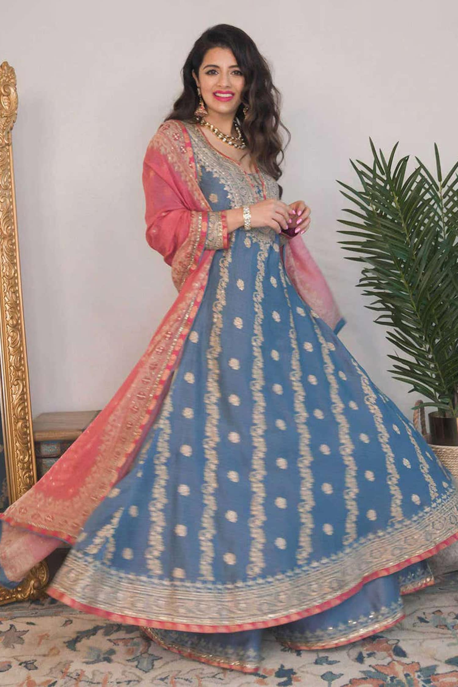 Buy Blue Silk Chanderi V Neck Anarkali Palazzo Set For Women by RI.Ritu ...
