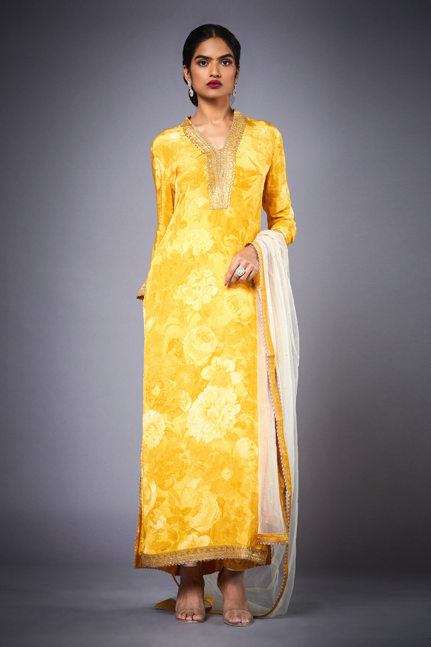 Buy RI.Ritu Kumar Yellow Silk Floral Print Kurta Set Online | Aza Fashions