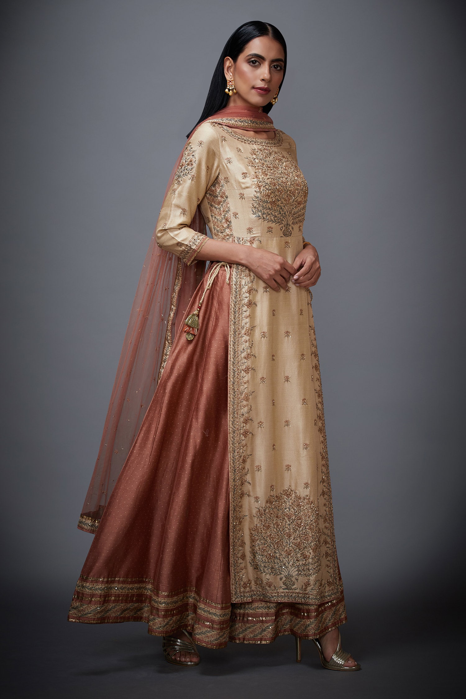 Buy Beige Silk Dupion Round Embroidered Kurta Palazzo Set For Women by ...
