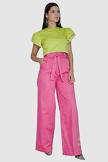 Buy Three Piece Company Pink Cotton Flared Pant Online | Aza Fashions