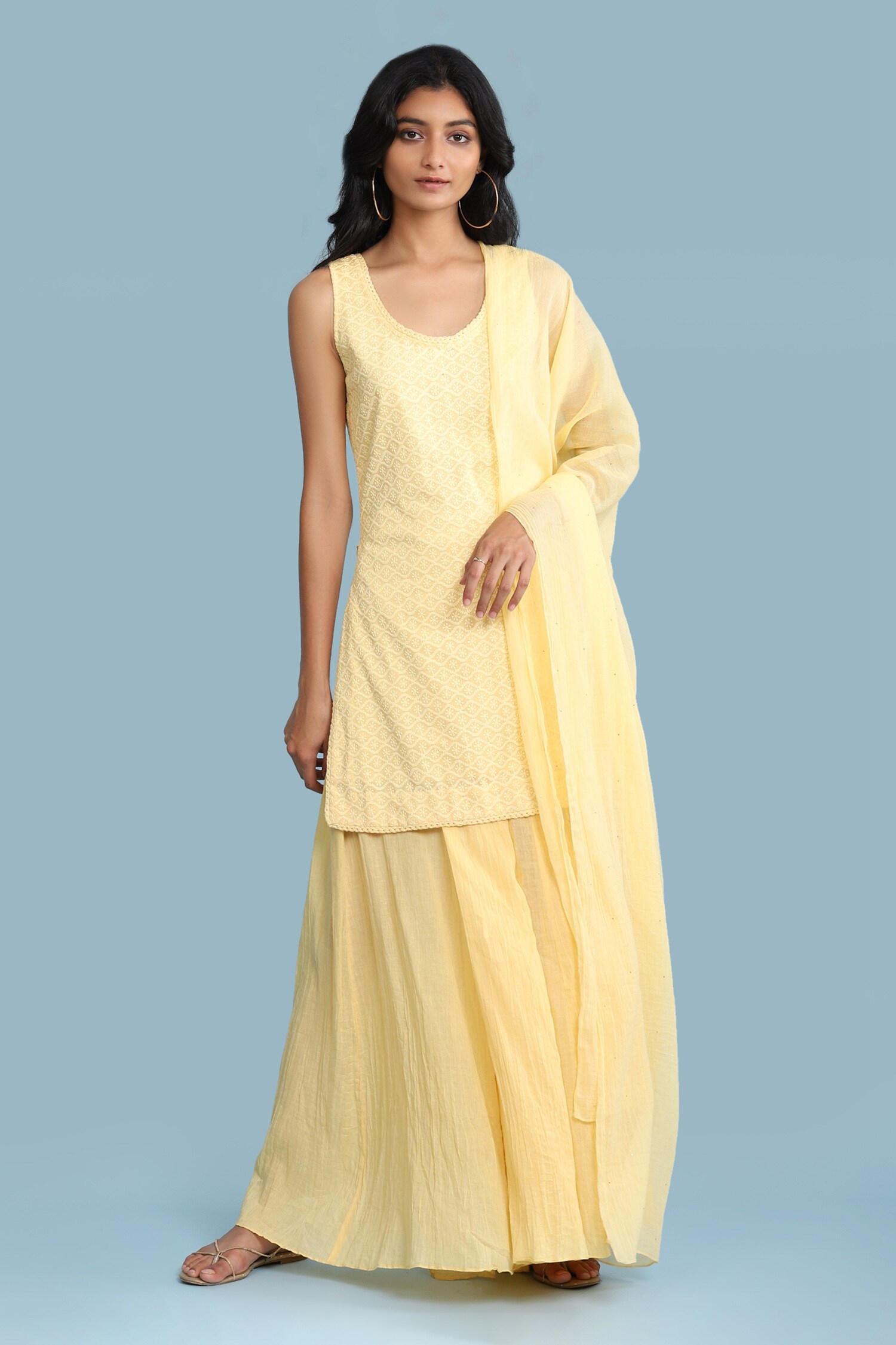 Buy Aarke Ritu Kumar Yellow Polyester Sleeveless Kurta Sharara Set ...