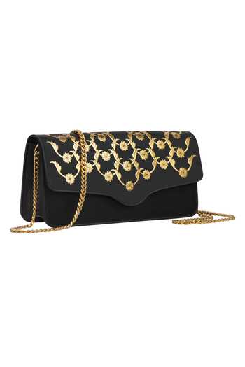 Buy Black Glided Champa Flower Gold Pattern The Clutch by Aranyani ...