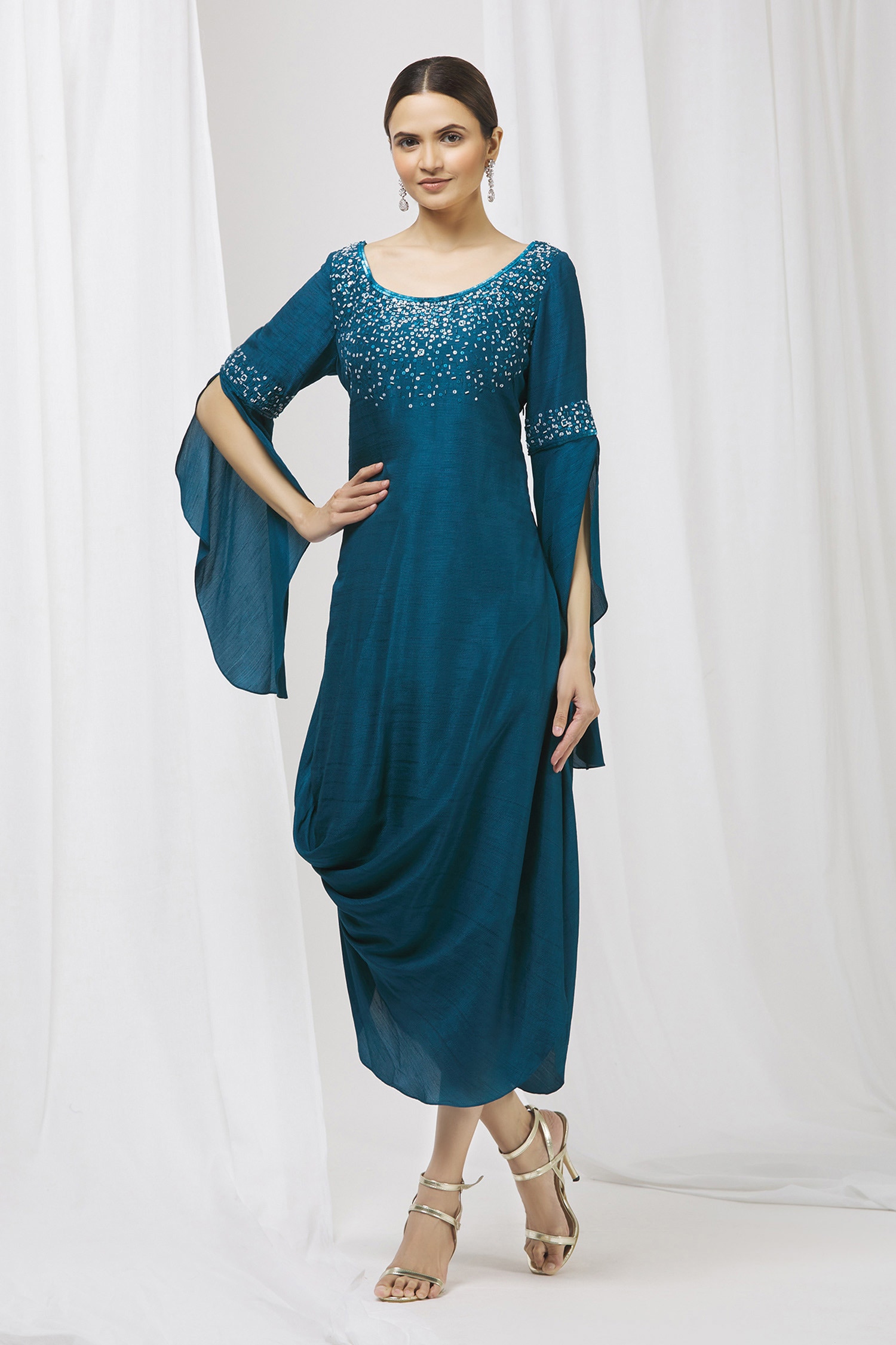 Buy Blue Slub Silk Round Cowl Draped Tunic For Women by Aariyana ...