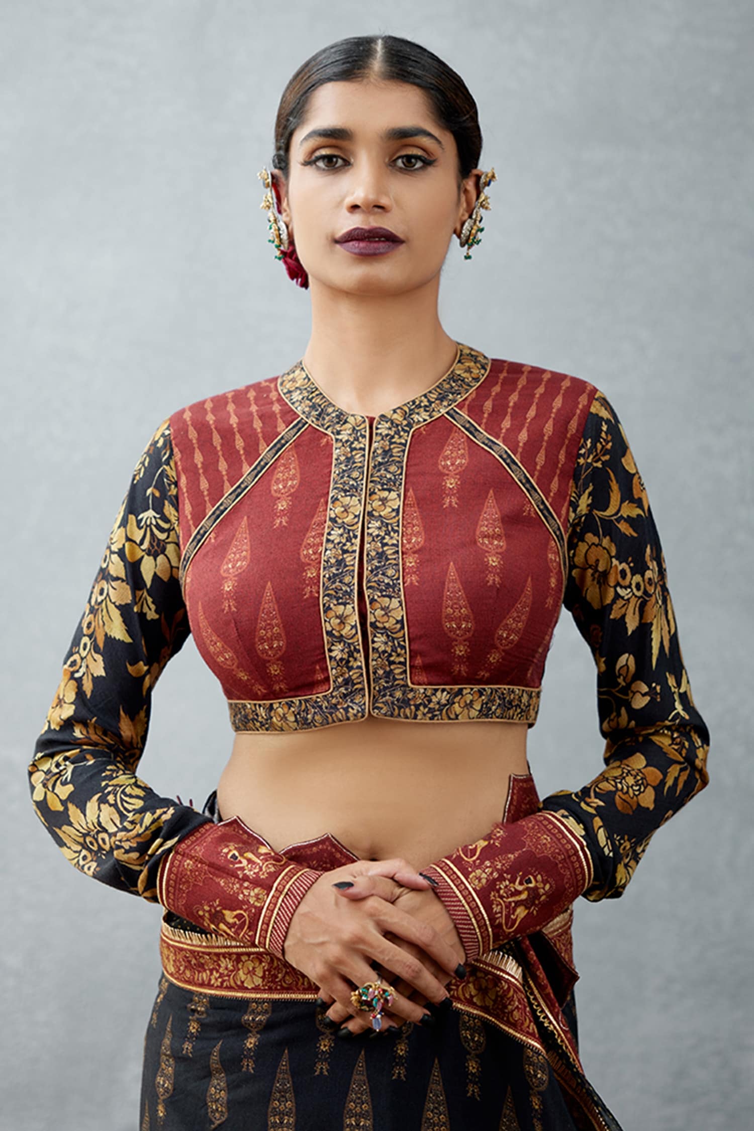 Buy Black Slub Silk Digital Print Bhagalpuri Floral Motifs Gulghast ...