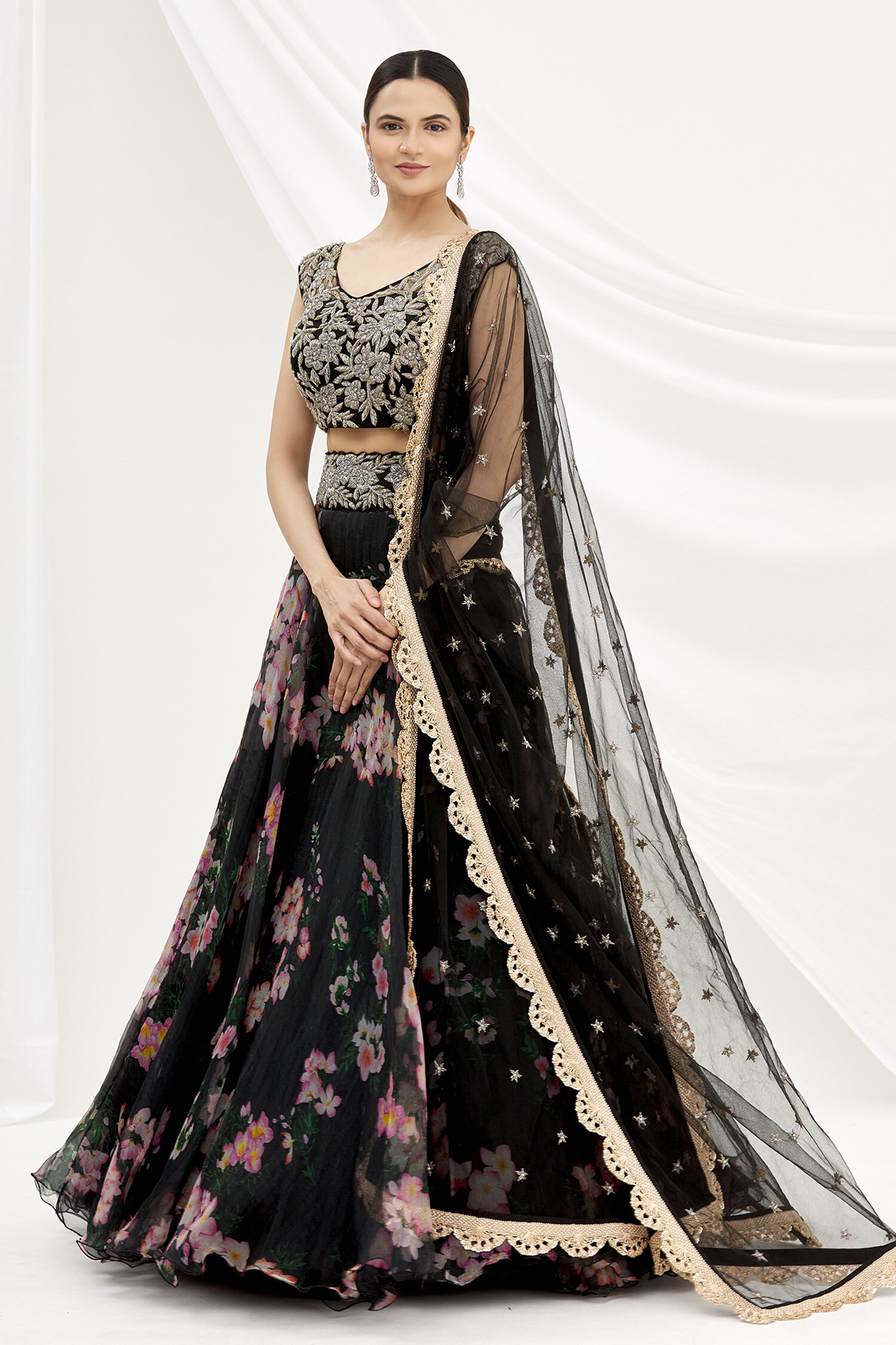 Buy Mrunalini Rao Black Organza Floral Print Lehenga Set Online | Aza ...