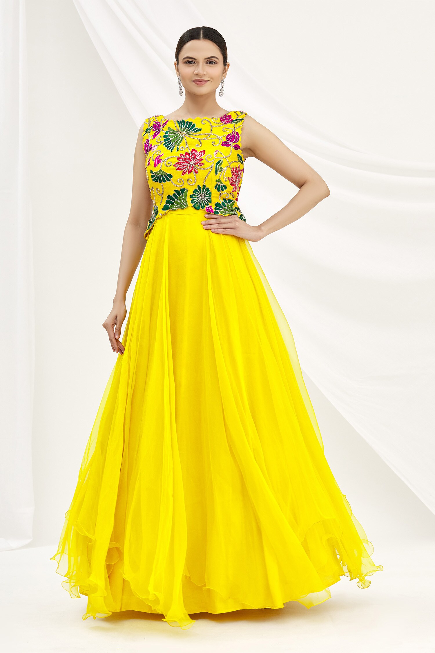 Buy Mrunalini Rao Yellow Organza Embroidered Top And Anarkali Set ...