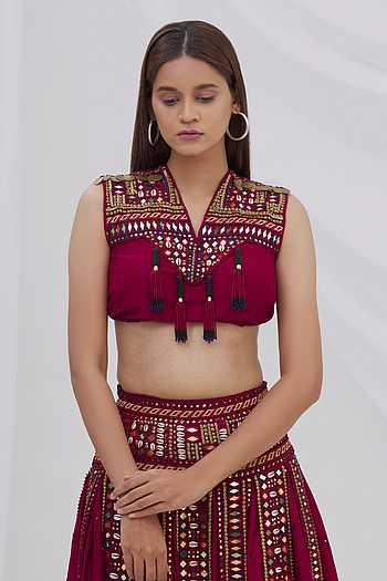 Buy Maroon Munga Silk Embroidery V Neck Crop Top For Women by Surily G ...