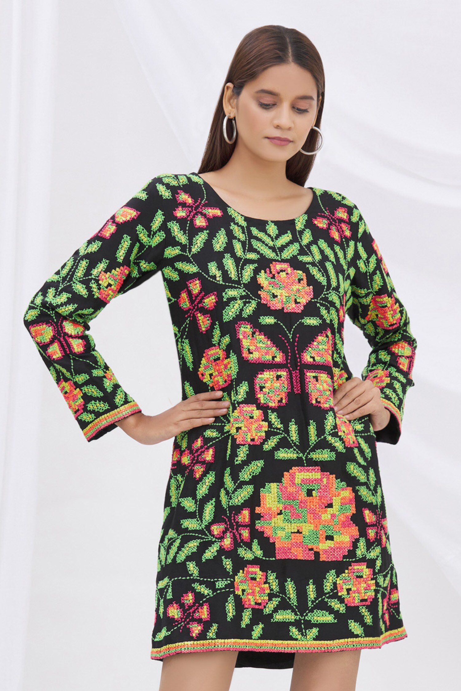 Buy Black Dupion Silk Embroidery Round Floral Short Dress For Women by ...