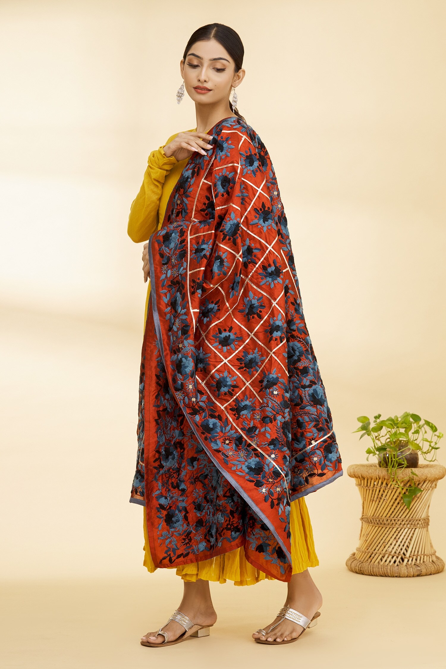 Buy Samyukta Singhania Orange Cotton Phulkari Embroidered Dupatta ...