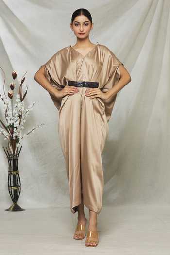 Buy Gold Satin Embroidered Bead Work Sequins V Neck Draped Jumpsuit For ...