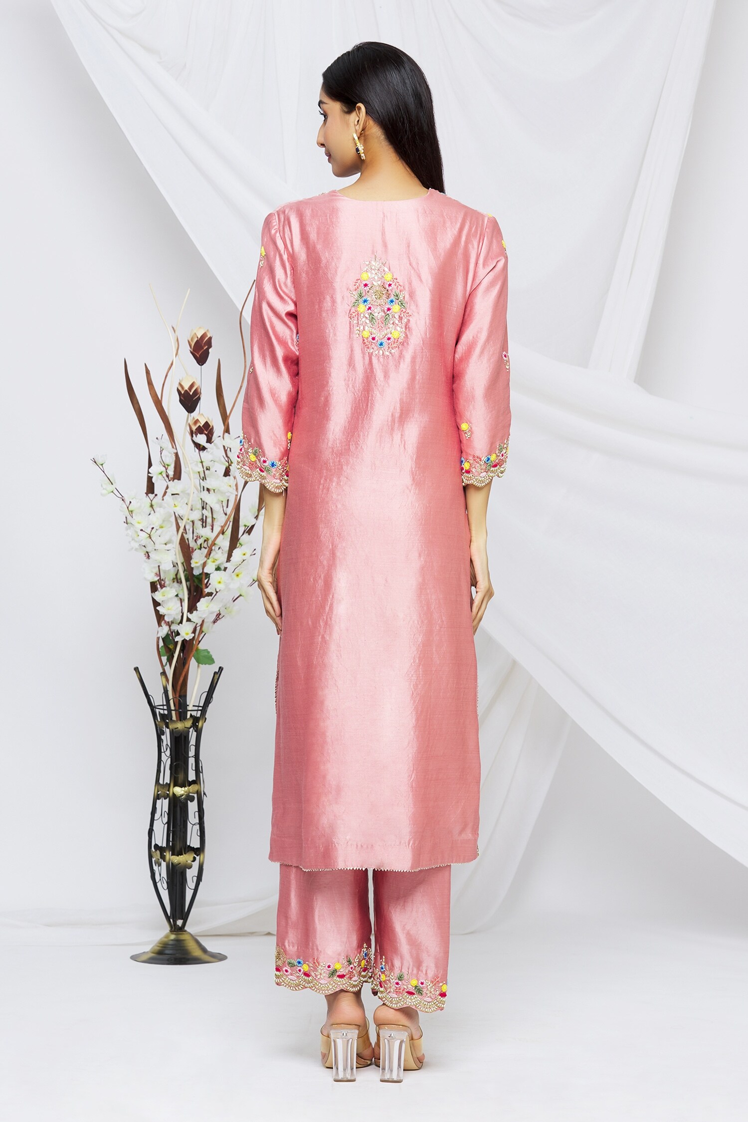 Buy Surbhi shah Gold Pure Spun Silk Floral Embroidered Kurta Set Online ...