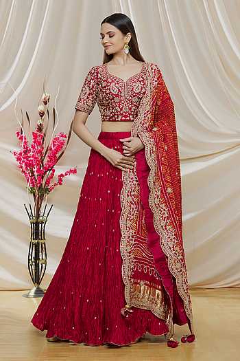 Buy Surbhi shah Maroon Pure Cora Silk Crushed Embroidered Lehenga Set ...