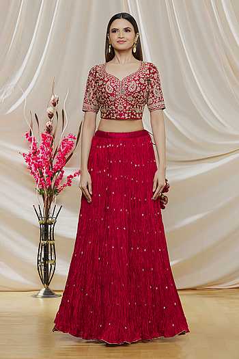 Buy Surbhi shah Maroon Pure Cora Silk Crushed Embroidered Lehenga Set ...