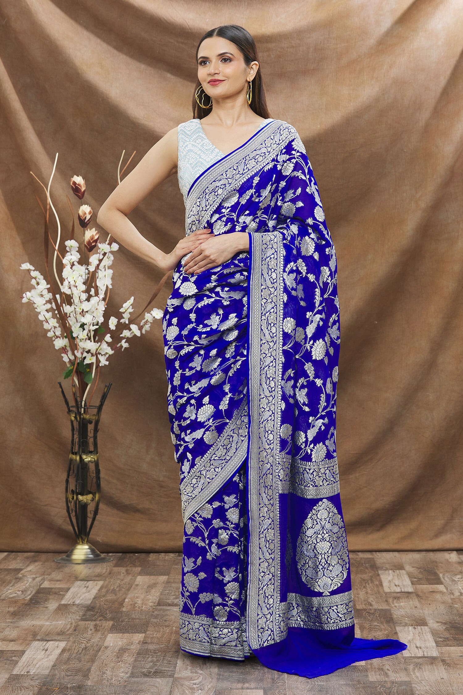 Buy TaBa Kashi by Artika Shah Blue Handloom Cotton Georgette Floral ...