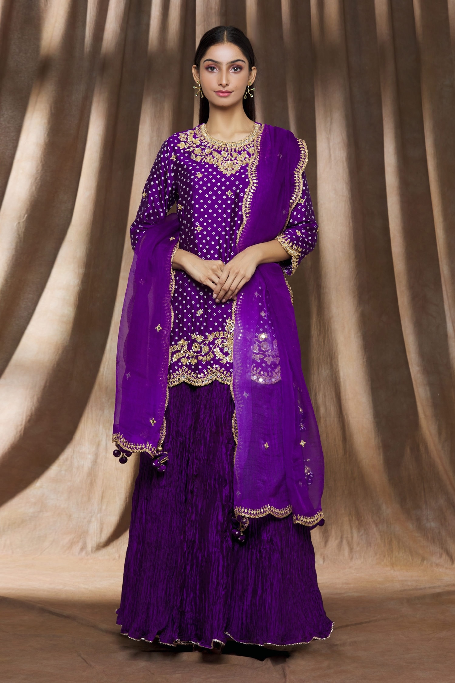 Buy Purple Pure Spun Silk Printed Bandhej Round Kurta Lehenga Set For ...