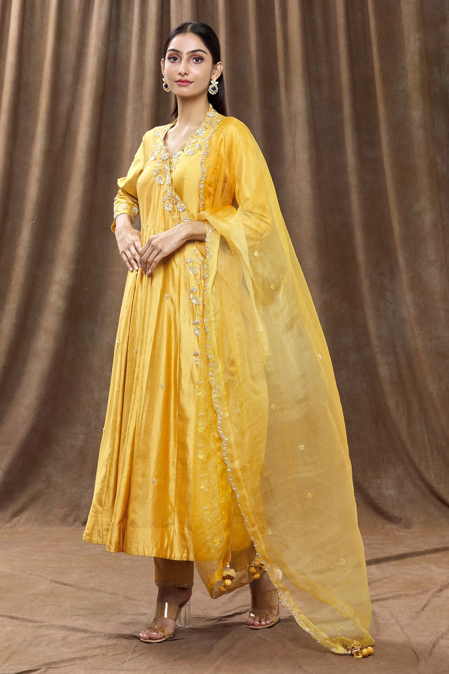 Buy Yellow Pure Spun Silk Embroidery Sequin V Neck Angrakha Set For ...