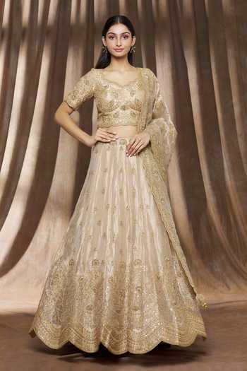 Buy Gold Pure Tissue Embroidery Floral V Neck Bridal Lehenga Set For Women by Surbhi shah Online ...