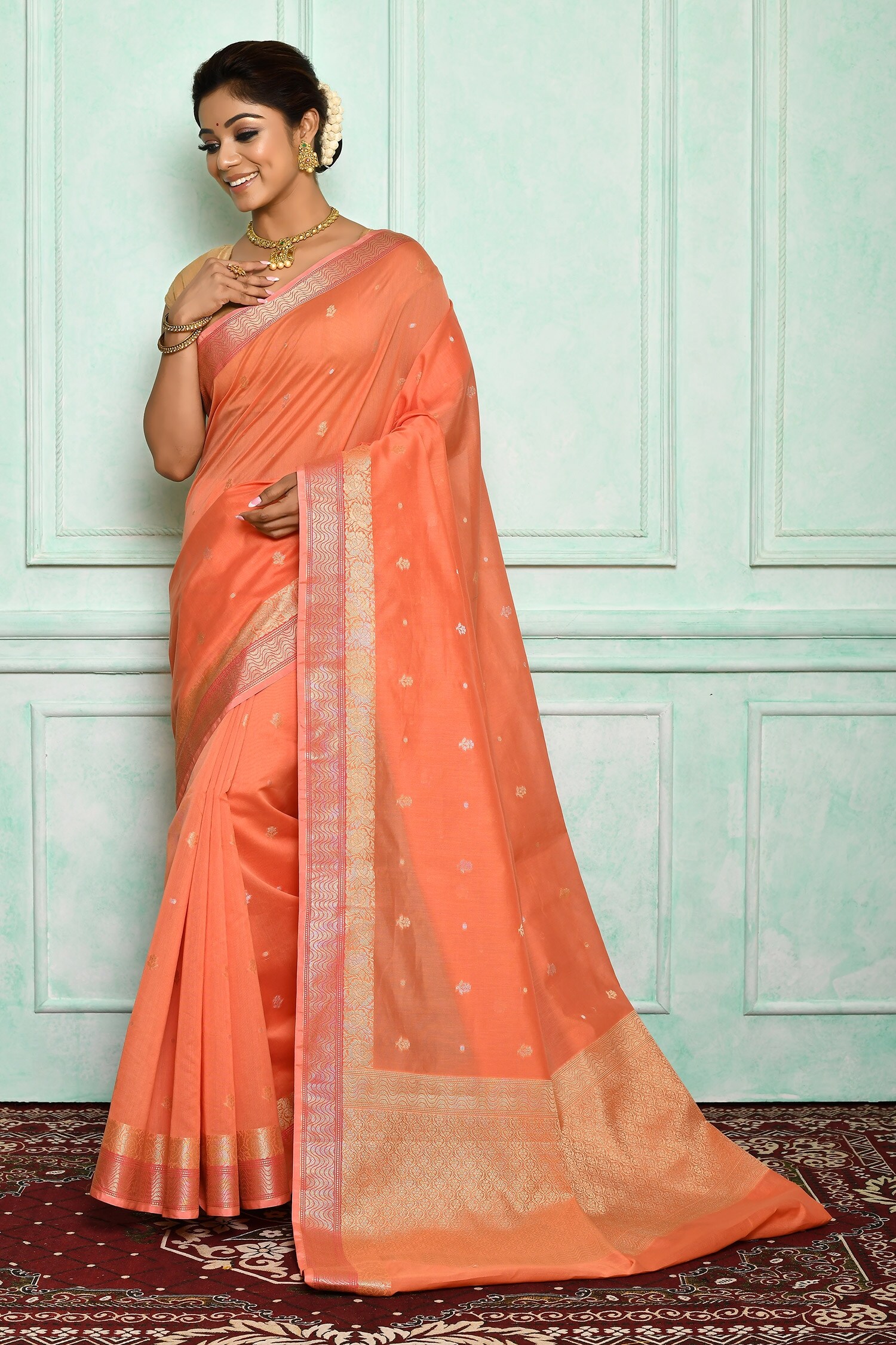 Buy Pinki Sinha Peach Linen Floral Woven Saree Online | Aza Fashions