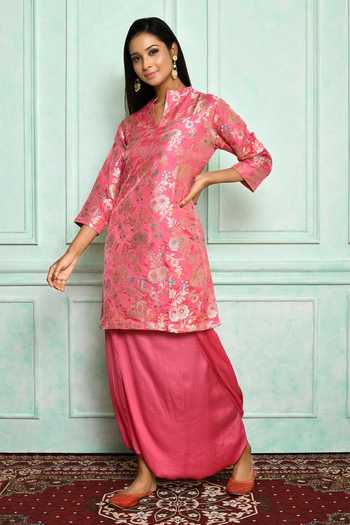 Buy Pink Kurta-banarasi Silk Woven Floral Kurta And Dhoti Pant Set For ...