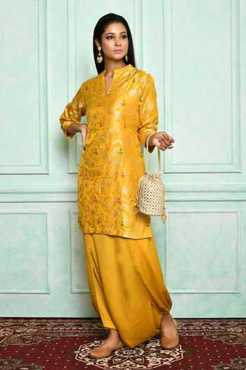 Buy Pinki Sinha Yellow Banarasi Silk Kurta And Dhoti Pant Set Online ...