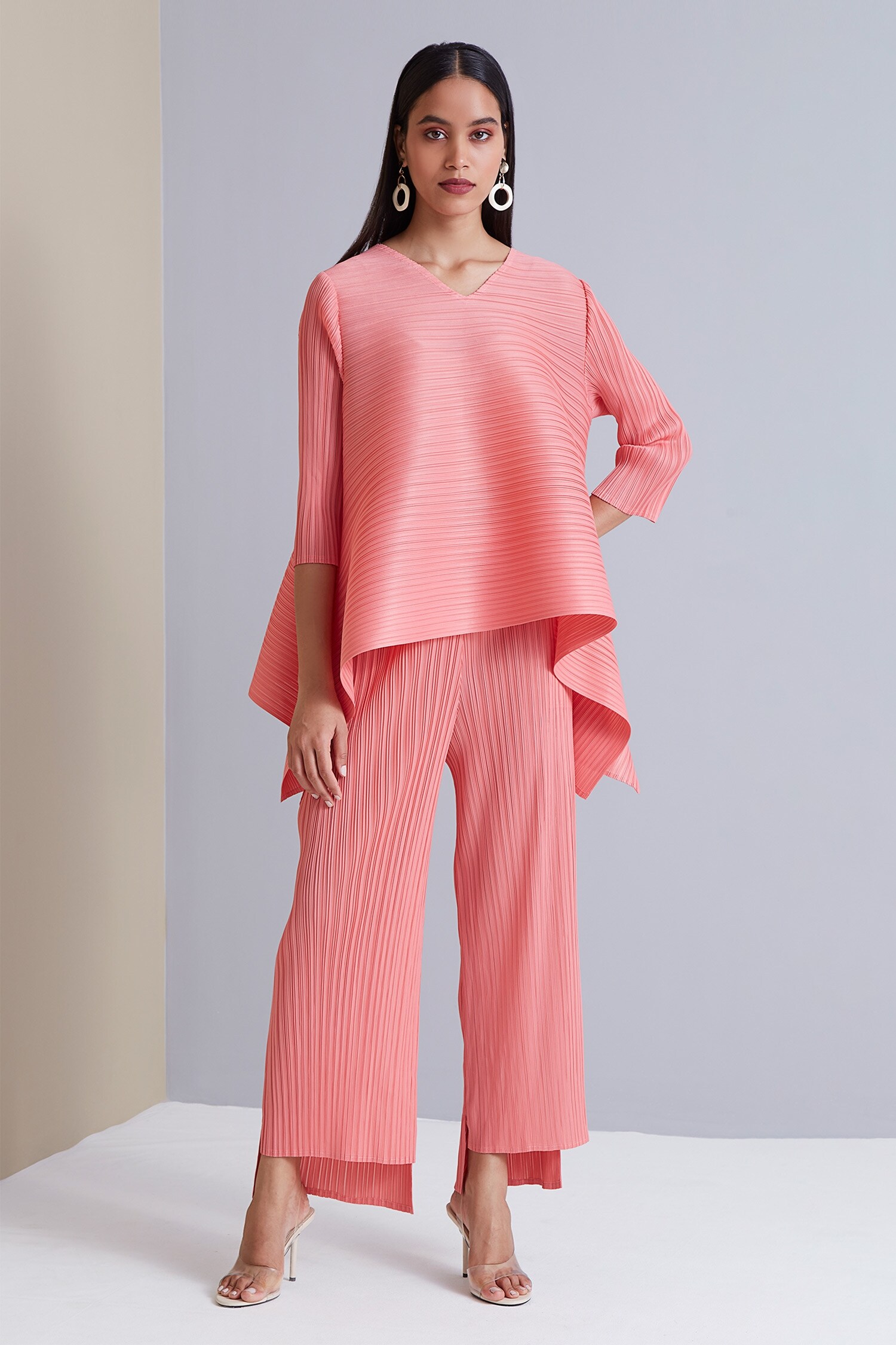 Buy Scarlet Sage Coral Polyester Erin V Neck Waterfall Hem Top And Pant ...